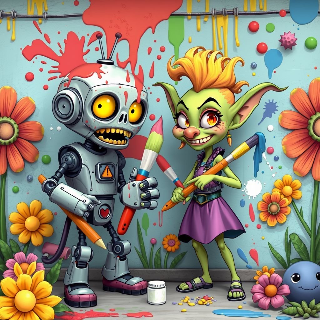 Robot zombie and female goblin with | AIArt.net