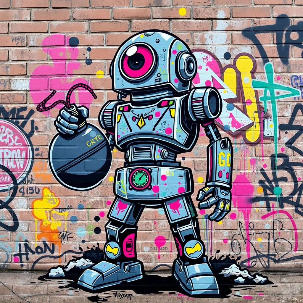 One eyed robot hold a bomb | AIArt.net