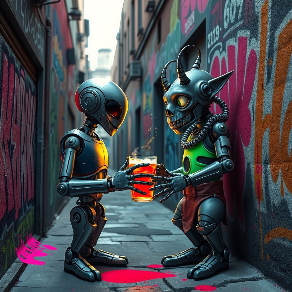 Alien robot and robot goblin drinking | AIArt.net