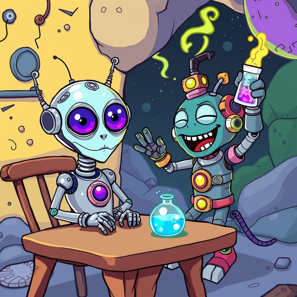 Alien robot and robot goblin drinking | AIArt.net