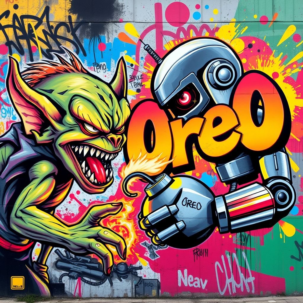 Explore Robot Holding A Bomb And A Angry Goblin With The Word “0re0” AI Art